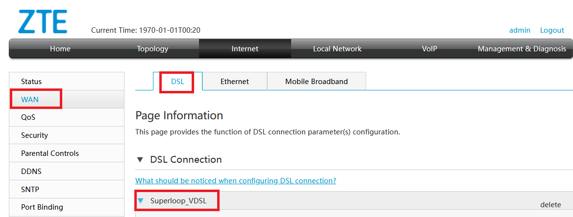 ZTE modem DSL Service Configuration - Superloop