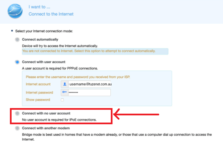 Select “ Connect with no User Account