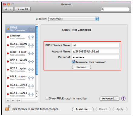 Setting up an Isolation Test or Dial-Up Connection for Direct PPPoE for Mac