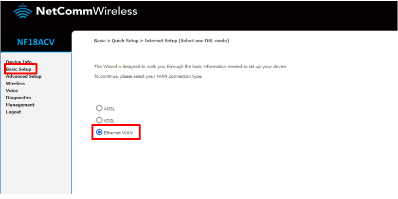 Netcomm Modem E-WAN Service Configuration - Superloop